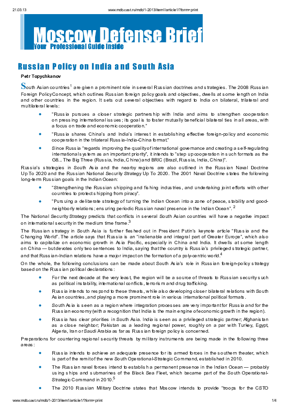 (PDF) Russian Policy towards India and South Asia