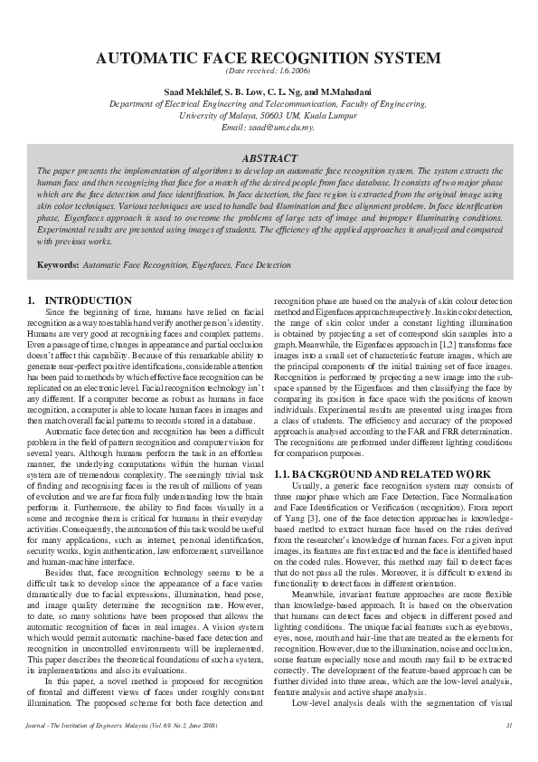 (PDF) Automatic face recognition system