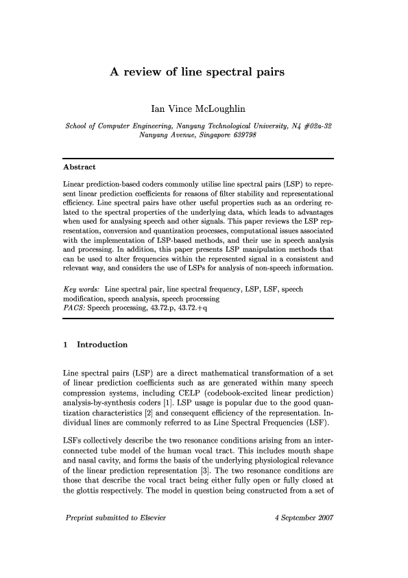 (PDF) A Review Line Spectral Pairs