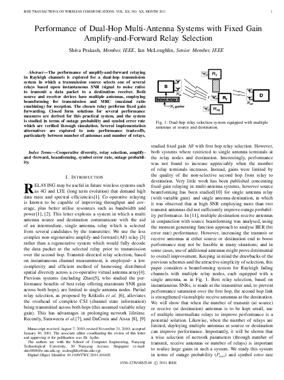 (PDF) Performance of Dual-Hop Multi-Antenna Systems with Fixed Gain Amplify-and-Forward Relay ...