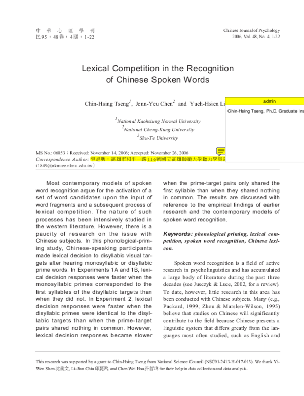 (PDF) Lexical Competition in the Recognition of Chinese Spoken Words