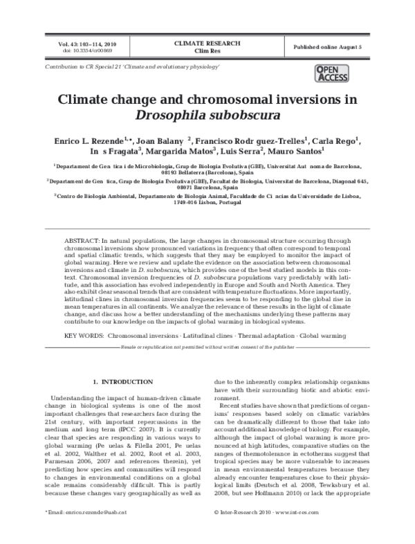 (PDF) Climate change and chromosomal inversions in Drosophila subobscura