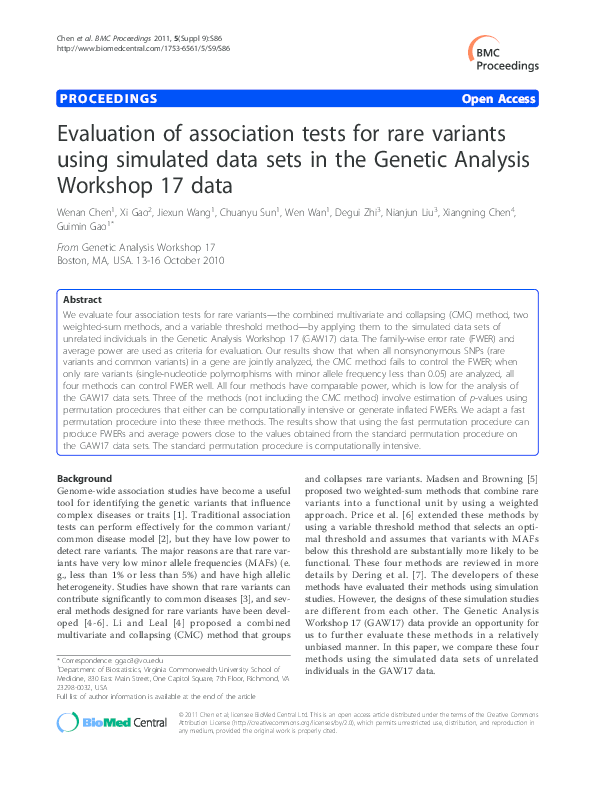 Pdf Evaluation Of Association Tests For Rare Variants Using Simulated