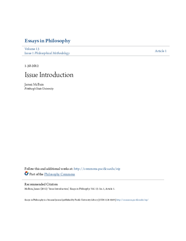 (PDF) Essays in Philosophy: Issue on Philosophical Methodology, Issue Introduction