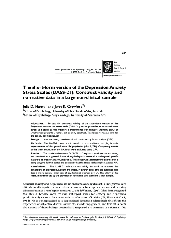 (PDF) The short‐form version of the Depression Anxiety Stress Scales ...