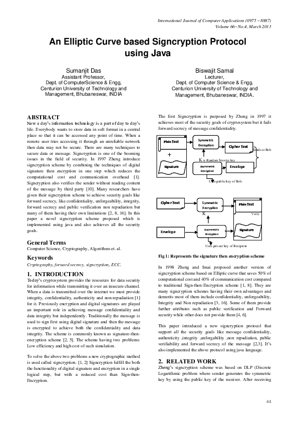 Pdf An Elliptic Curve Based Signcryption Protocol Using Java Biswajit Samal