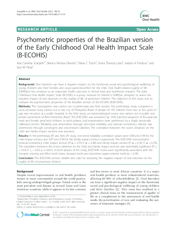 (PDF) Psychometric properties of the Brazilian version of the Early Childhood Oral Health Impact ...