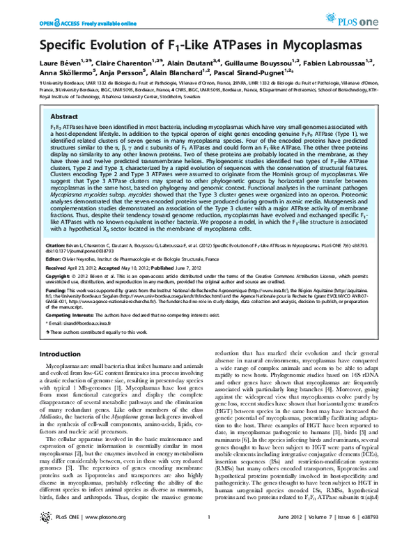 (PDF) Béven et al (2012) PLoS One - Specific evolution of F1-like ...