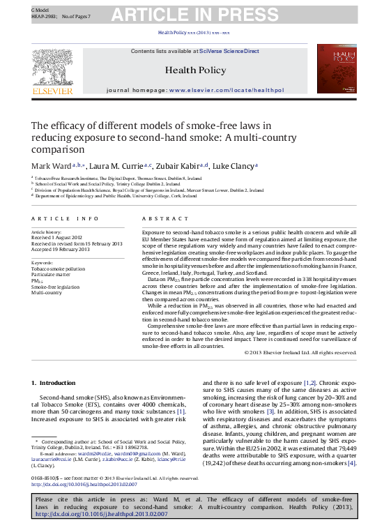 (PDF) The efﬁcacy of different models of smoke-free laws in reducing ...