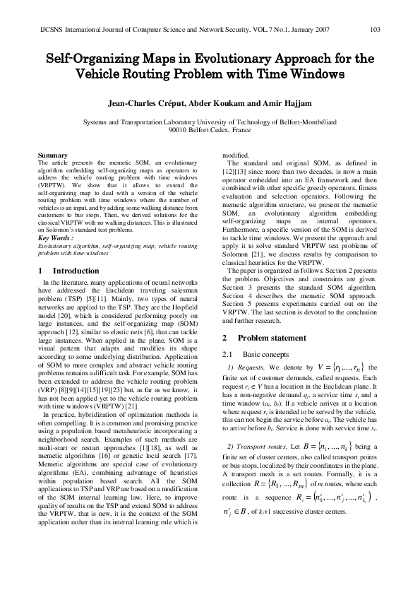 (PDF) Self-Organizing Maps in Evolutionary Approach for the Vehicle Routing Problem with Time ...