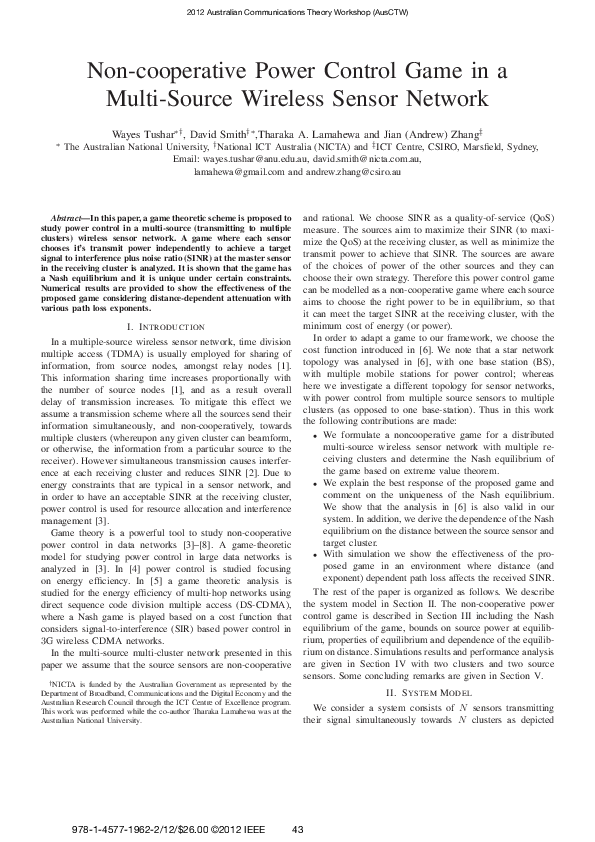 Pdf Non Cooperative Power Control Game In A Multi Source Wireless Sensor Network