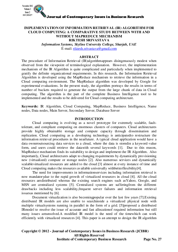 (PDF) IMPLEMENTATION OF INFORMATION RETRIEVAL (IR) ALGORITHM FOR CLOUD COMPUTING: A COMPARATIVE ...
