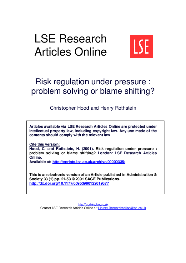(PDF) Risk Regulation Under Pressure Problem Solving or Blame Shifting?