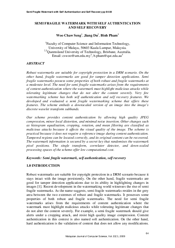 Pdf Semi Fragile Watermark With Self Authentication And Self Recovery