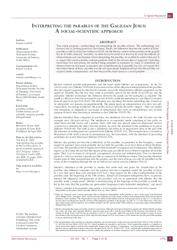 (PDF) Interpreting the parables of the Galilean Jesus: A social ...