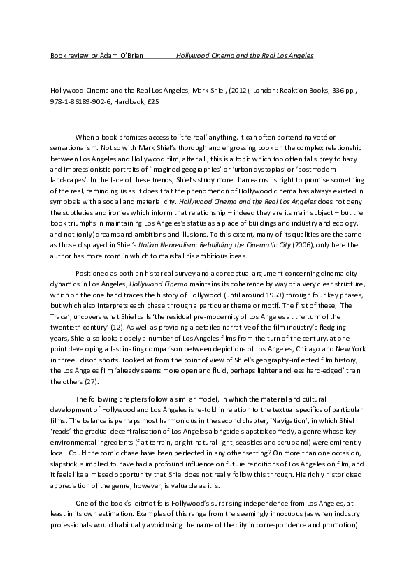 (DOC) Review of 'Hollywood Cinema and the Real Los Angeles' (Mark Shiel)