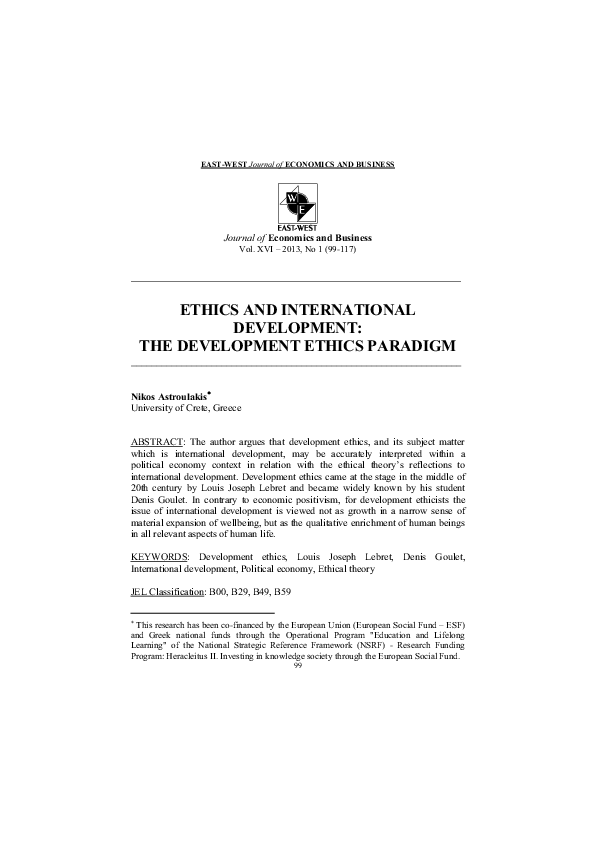 (PDF) ETHICS AND INTERNATIONAL DEVELOPMENT: THE DEVELOPMENT ETHICS PARADIGM