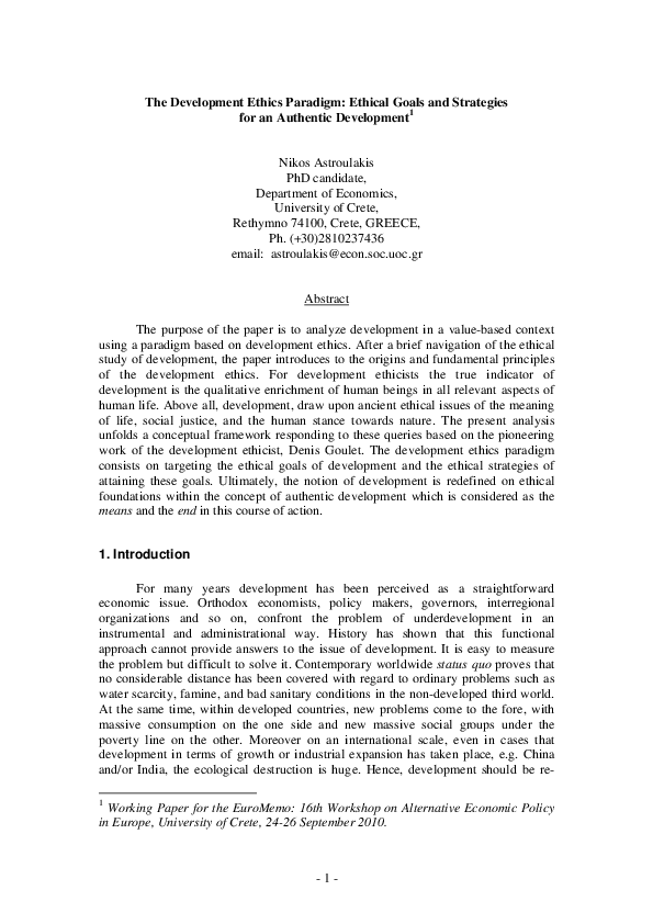 (PDF) The Development Ethics Paradigm: Ethical Goals and Strategies for ...