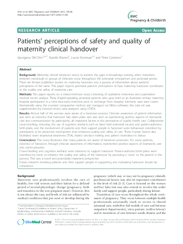 (PDF) Patients' perceptions of safety and quality of maternity clinical ...