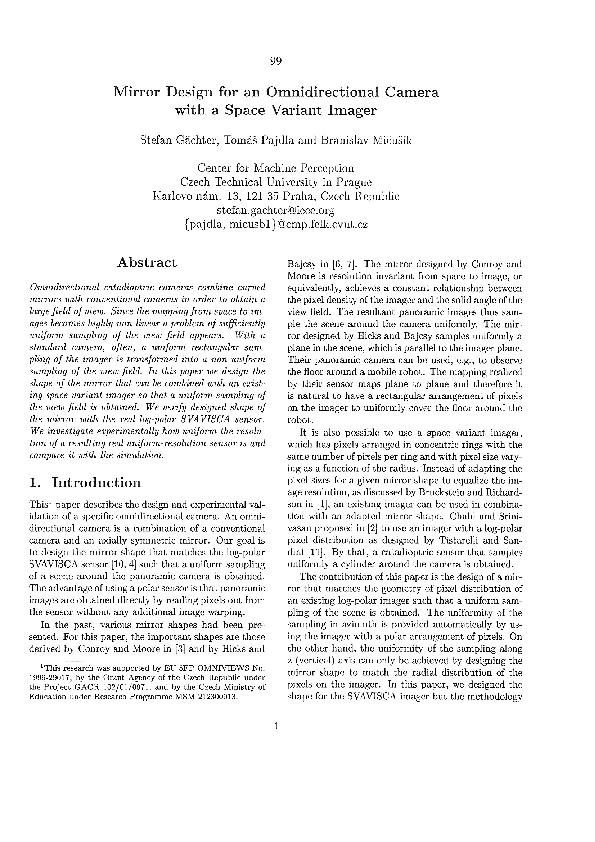Pdf Mirror Design For An Omnidirectional Camera With A Space Variant Imager