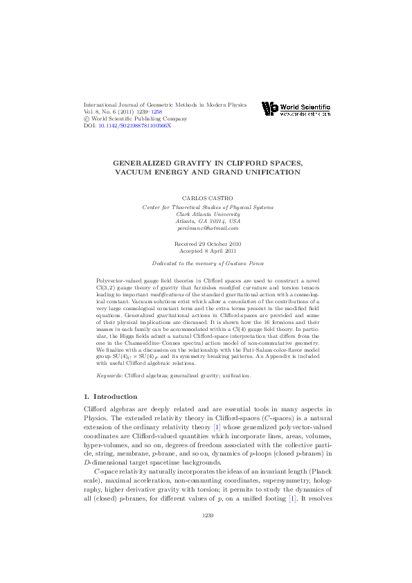 Pdf Generalized Gravity In Clifford Spaces Vacuum Energy And Grand Unification