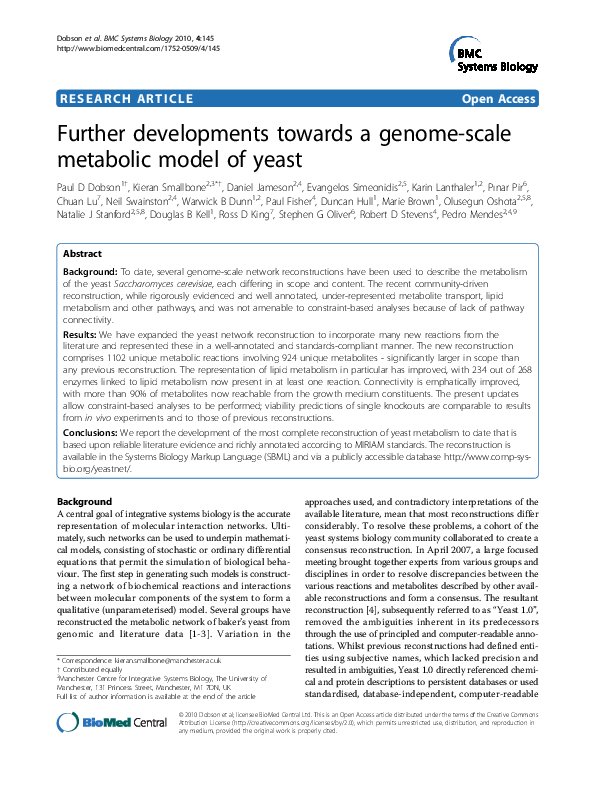 (PDF) Further developments towards a genome-scale metabolic model of yeast