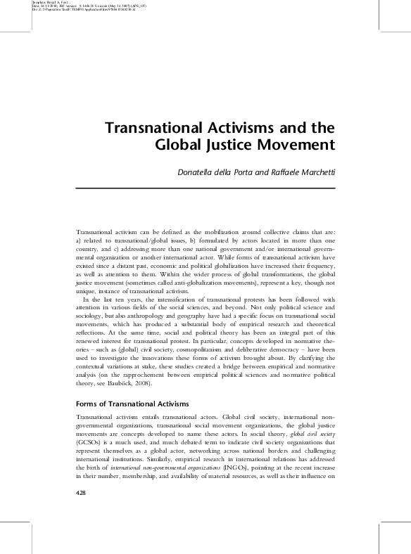 (PDF) Transnational Activism and the Global Justice Movement