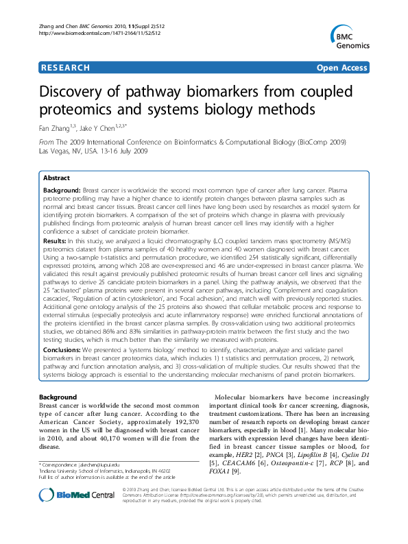 (PDF) Discovery of pathway biomarkers from coupled proteomics and systems biology methods