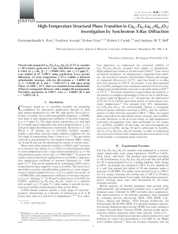 (PDF) High-Temperature Structural Phase Transition in Ca0.7Ti0.7La0.3Al0.3O3: Investigation by ...