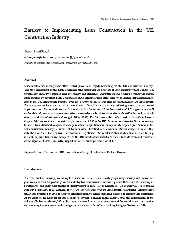 (PDF) Barriers to Implementing Lean Construction in the UK Construction Industry