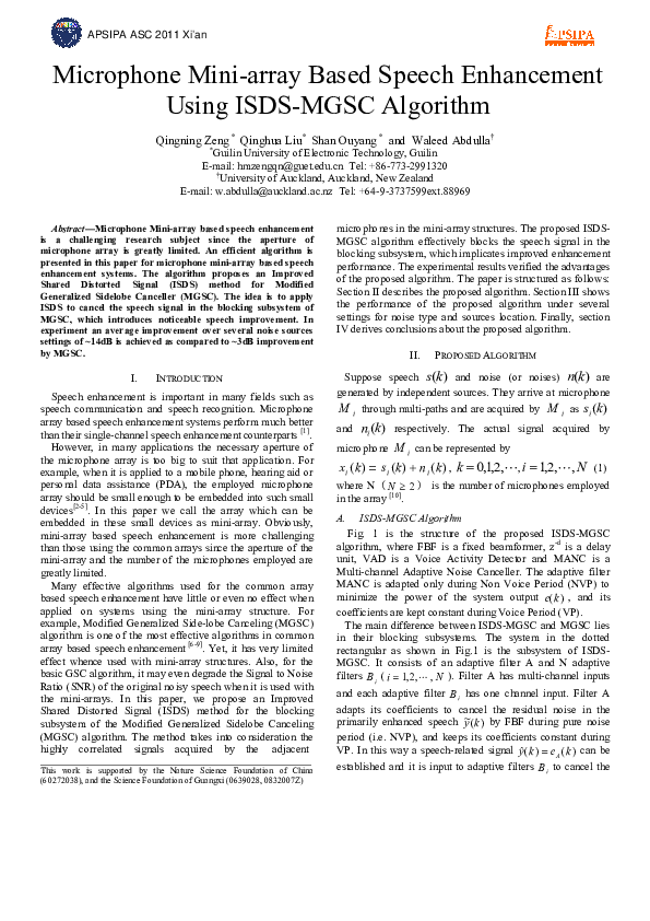 (PDF) Microphone Mini-array Based Speech Enhancement Using ISDS-MGSC Algorithm