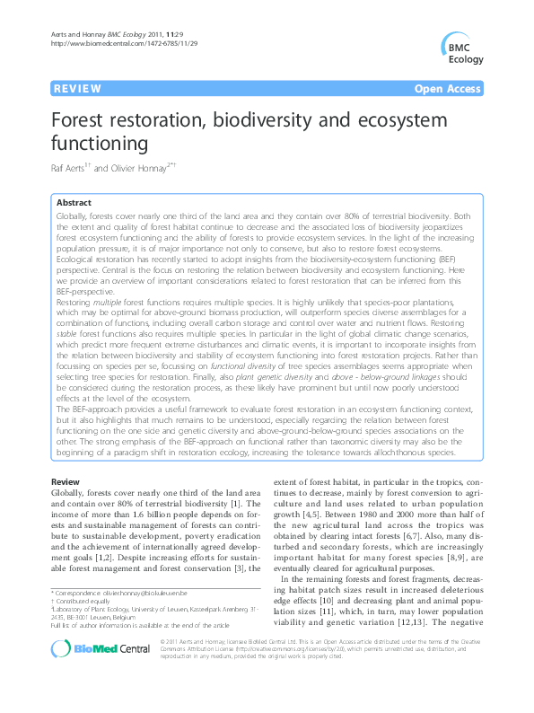 (PDF) Forest restoration, biodiversity and ecosystem functioning