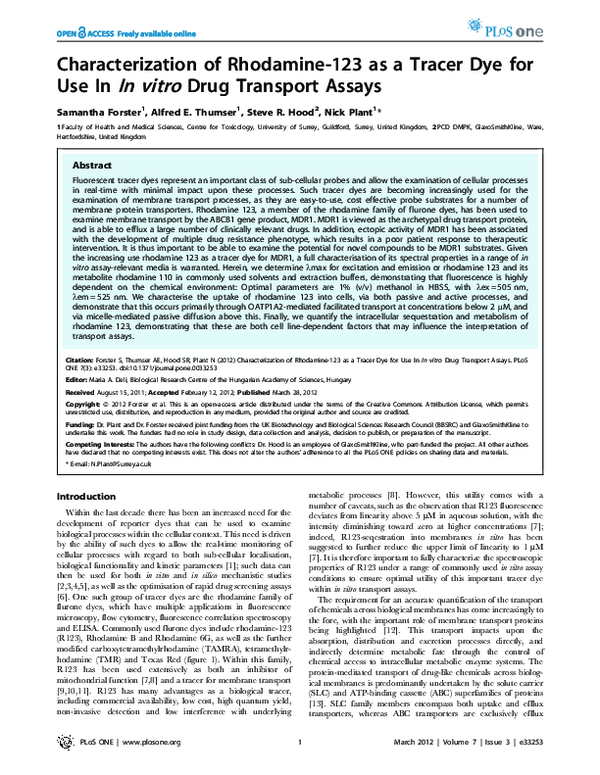 (PDF) Rhodamine-123 as a Tracer Dye for Drug Transport Assays