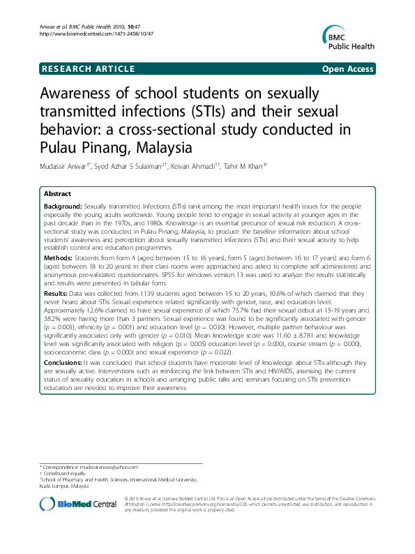 (PDF) Awareness of school students on sexually transmitted infections ...