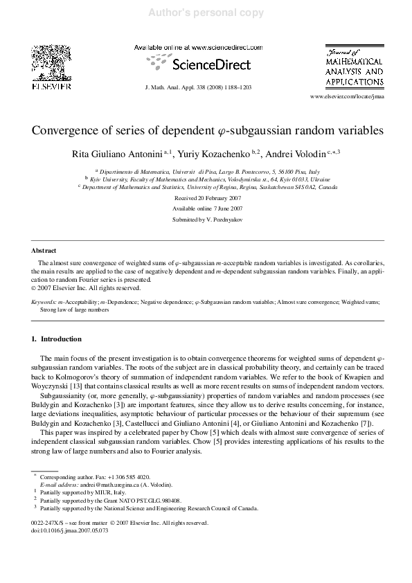(PDF) Convergence of series of dependent φ-subgaussian random variables