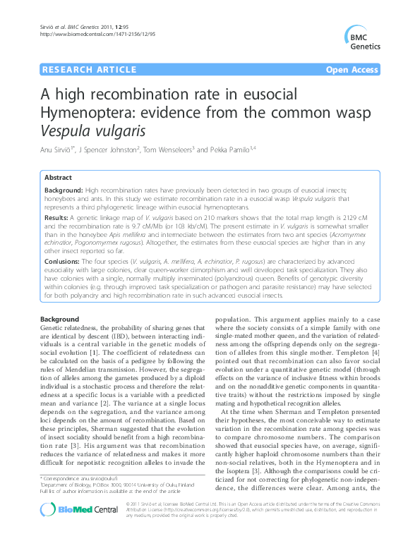 (PDF) A high recombination rate in eusocial Hymenoptera: evidence from ...