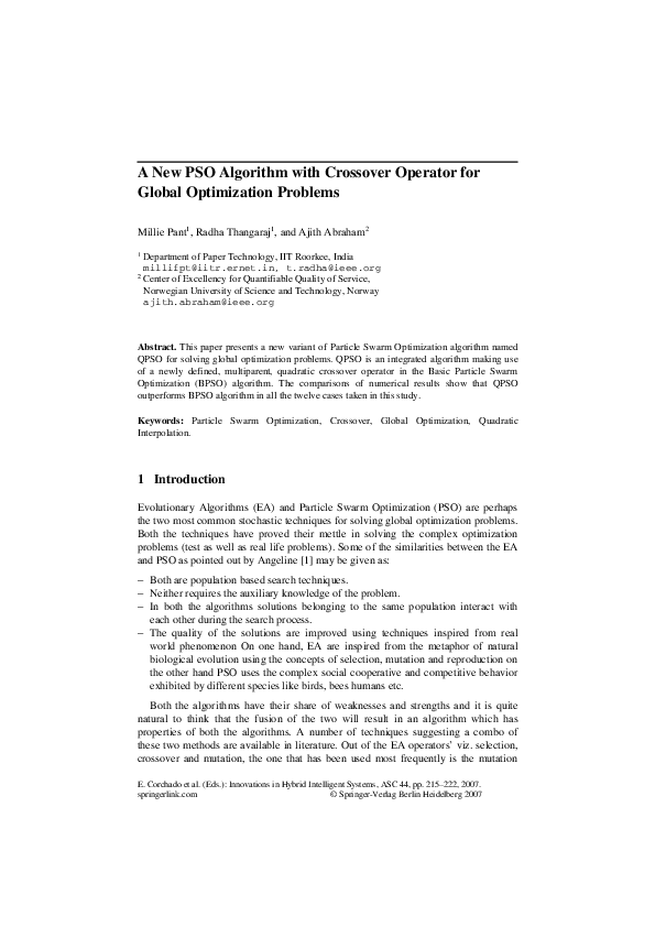 Pdf A New Pso Algorithm With Crossover Operator For Global