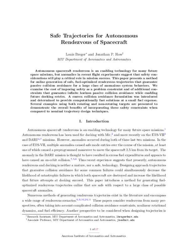 (PDF) Safe trajectories for autonomous rendezvous of spacecraft