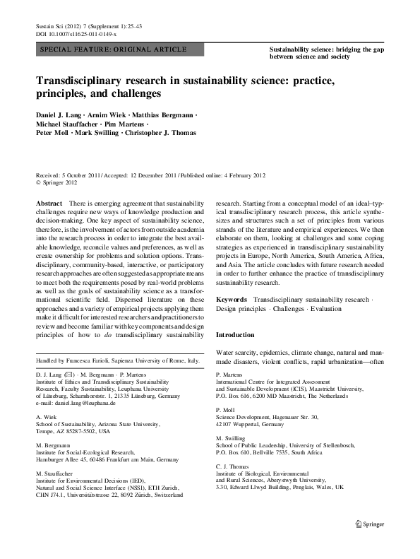 (PDF) Transdisciplinary research in sustainability science: practice ...