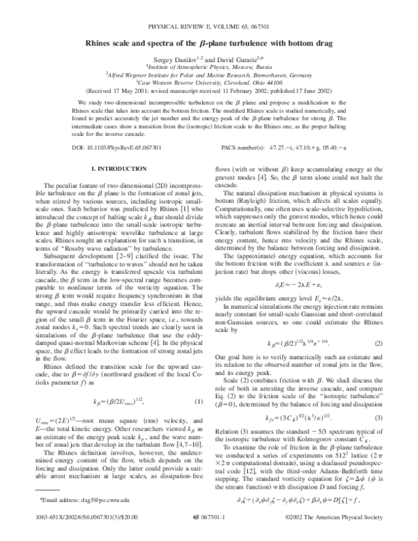 (PDF) Rhines scale and spectra of the β-plane turbulence with bottom drag