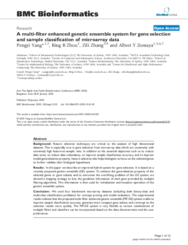 Pdf A Multi Filter Enhanced Genetic Ensemble System For Gene