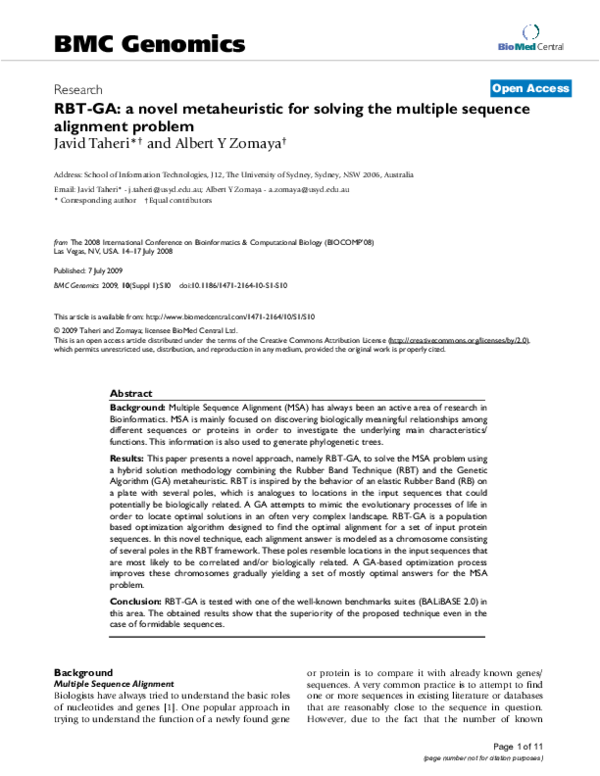 Pdf Rbt Ga A Novel Metaheuristic For Solving The Multiple Sequence Alignment Problem