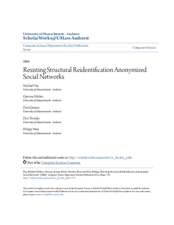 (PDF) Resisting structural re-identification in anonymized social networks