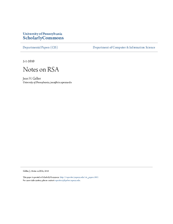 (PDF) Notes on RSA