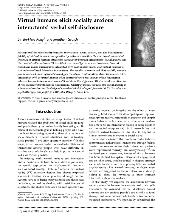 (PDF) Virtual humans elicit socially anxious interactants' verbal self ...