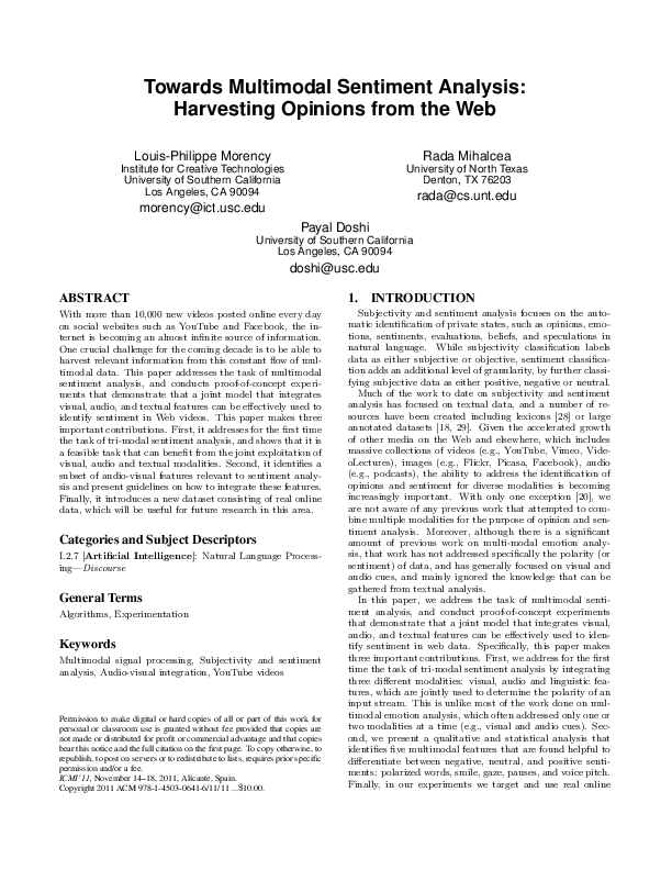 (PDF) Towards Multimodal Sentiment Analysis: Harvesting Opinions from the Web