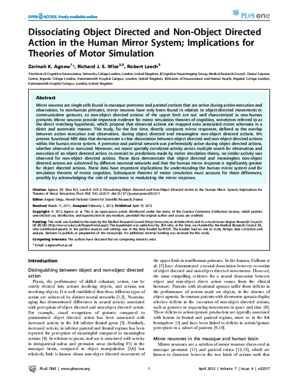 (PDF) Dissociating Object Directed and Non-Object Directed Action in the Human Mirror System ...