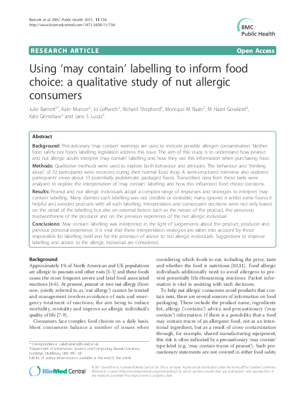 (PDF) Using'may contain'labelling to inform food choice: a qualitative ...