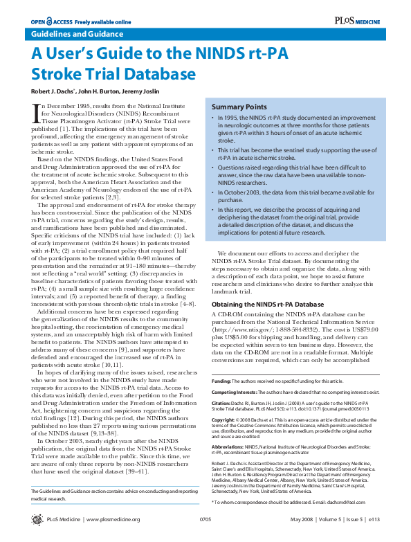 (PDF) A user's guide to the NINDS rt-PA stroke trial database