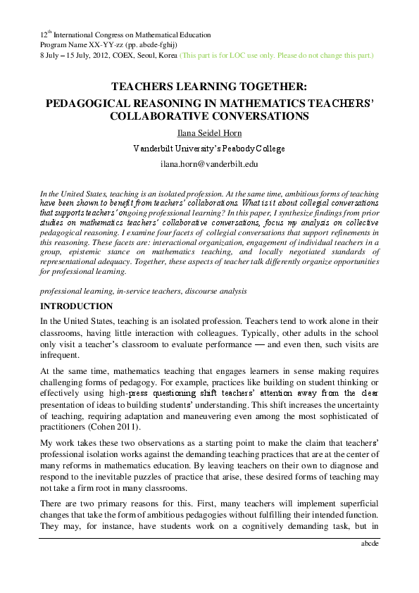 (PDF) TEACHERS LEARNING TOGETHER: PEDAGOGICAL REASONING IN MATHEMATICS ...
